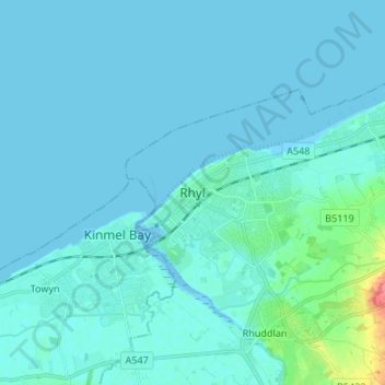 Mapa topográfico Rhyl, altitud, relieve
