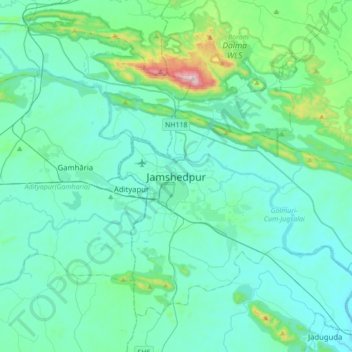 Mapa topográfico Jamshedpur, altitud, relieve