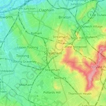 Mapa topográfico Streatham, altitud, relieve