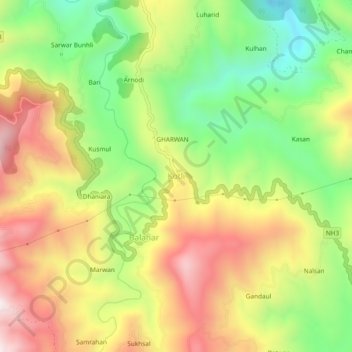 Mapa topográfico Kotli, altitud, relieve