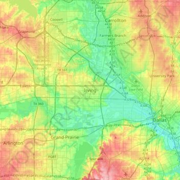 Mapa topográfico Irving, altitud, relieve