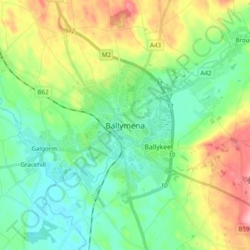 Mapa topográfico Ballymena, altitud, relieve