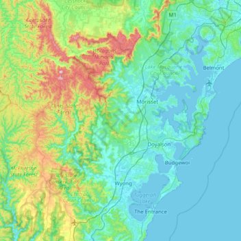 Mapa topográfico Macquarie-Tuggerah Lakes, altitud, relieve