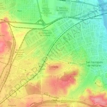 Mapa topográfico Coslada, altitud, relieve