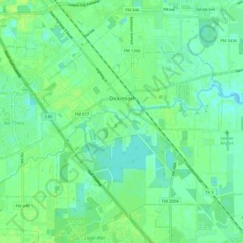 Mapa topográfico Dickinson, altitud, relieve