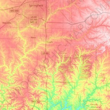 Mapa topográfico Christian County, altitud, relieve