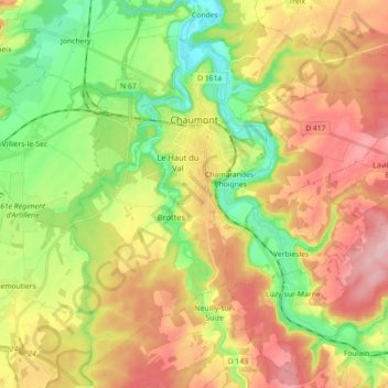 Mapa topográfico Chaumont, altitud, relieve