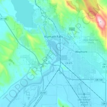 Mapa topográfico Klamath Falls, altitud, relieve