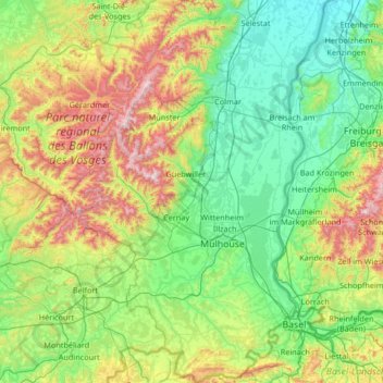 Mapa topográfico Haut-Rhin, altitud, relieve