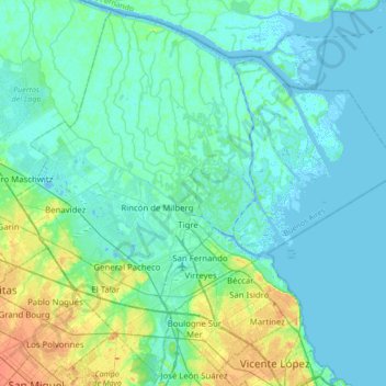 Mapa topográfico Partido de Tigre, altitud, relieve