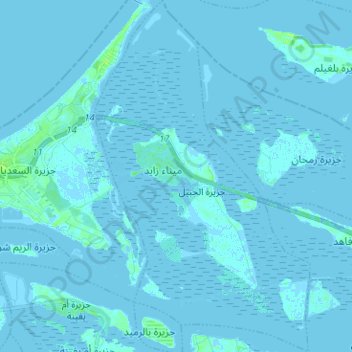 Mapa topográfico Al Jubail Island, altitud, relieve