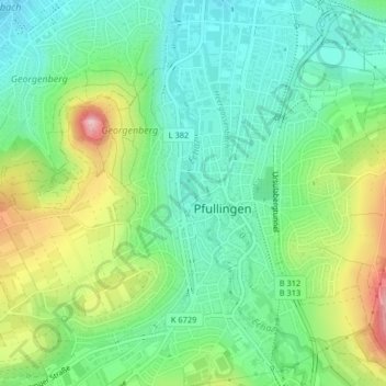 Mapa topográfico Schloss Pfullingen, altitud, relieve